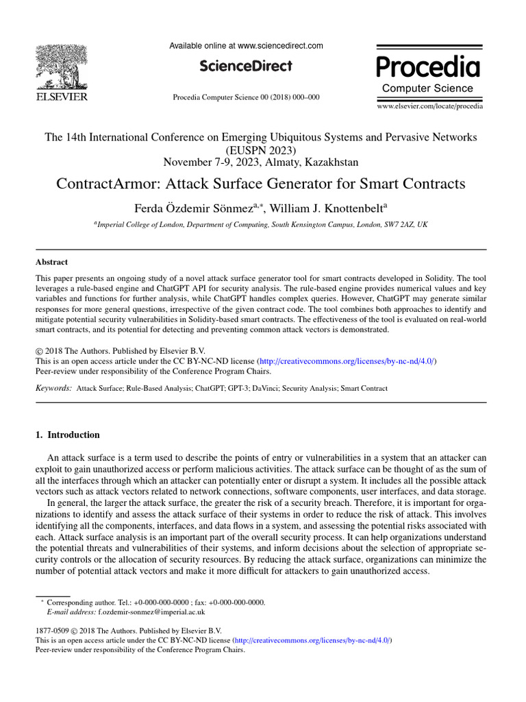 Attack Surface Calculation For Smart Contracts V3 | PDF | Computer Security | Security