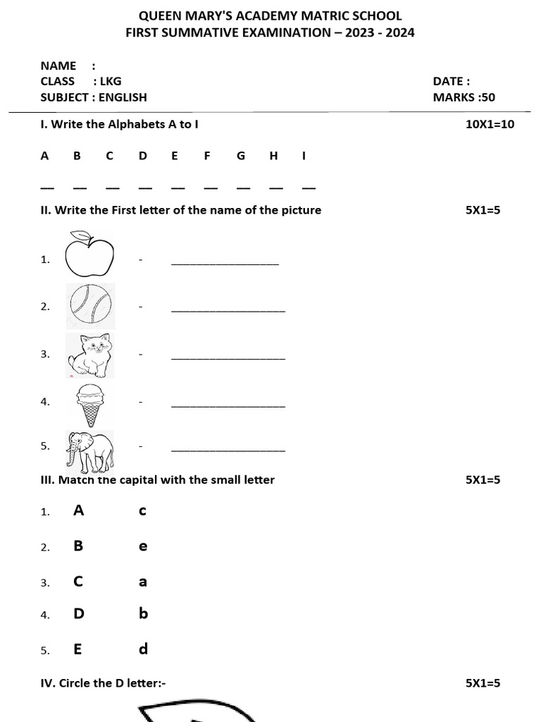 LKG 1ST Summative Exam | PDF