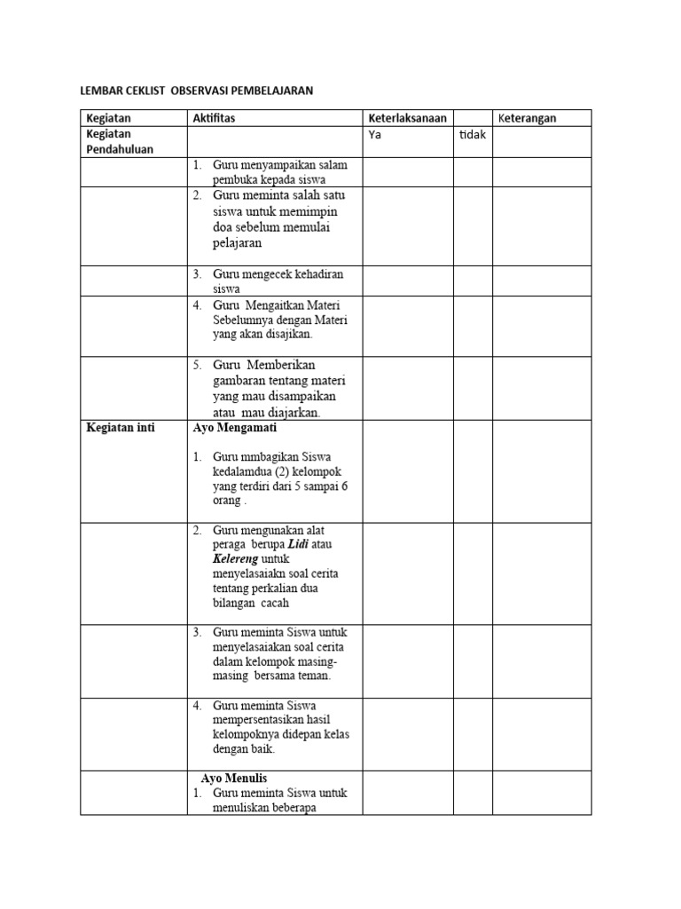 Lembar Ceklist Observasi Pembelajaran | PDF