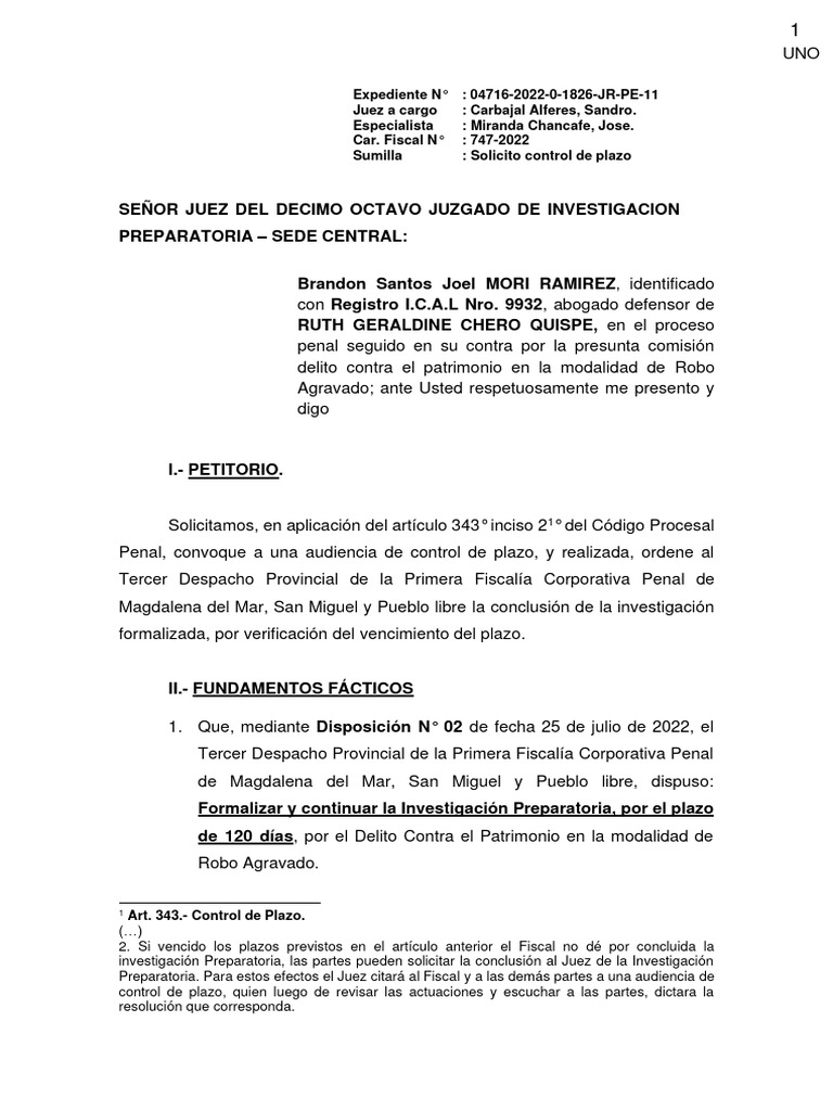 Escrito Nro. 01 - Solicito Control de Plazo | PDF | Debido al proceso | Constitución