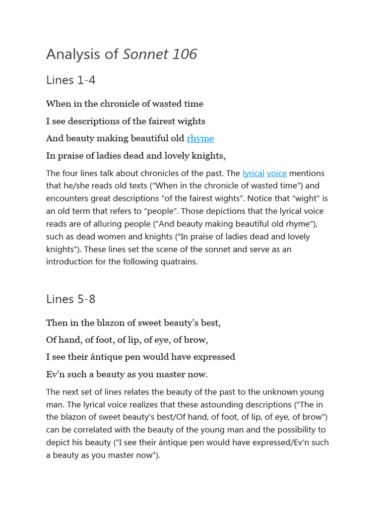 Sonnet 106 | PDF | William Shakespeare | Poetry