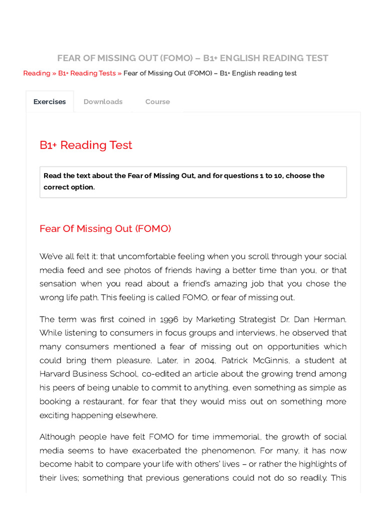 Fear of Missing Out (FOMO) - B1+ English Reading Test - Test-English ...