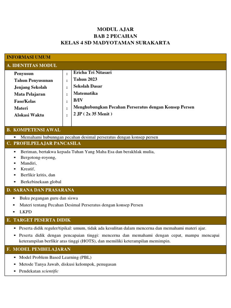 Modul Ajar Kelas 4 (Pecahan) | PDF