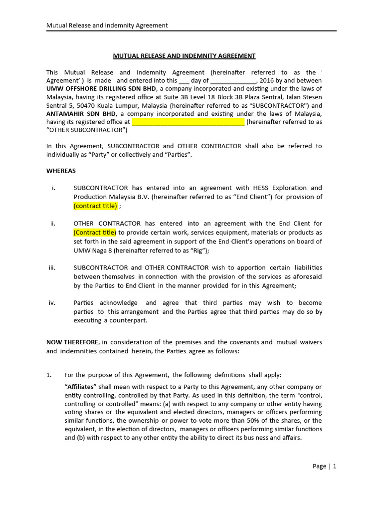 Mutual Release and Indemnity Agreement 211016 UOD Antamahir | PDF | Indemnity | Business