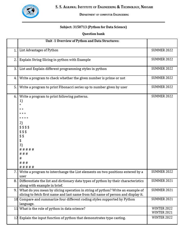 Pds Question Bank | PDF | Python (Programming Language) | Standard Score