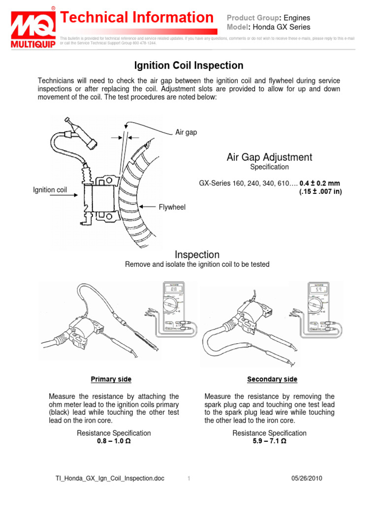 Honda GX Ignition Coil Inspection | PDF | Ignition System | Engine ...