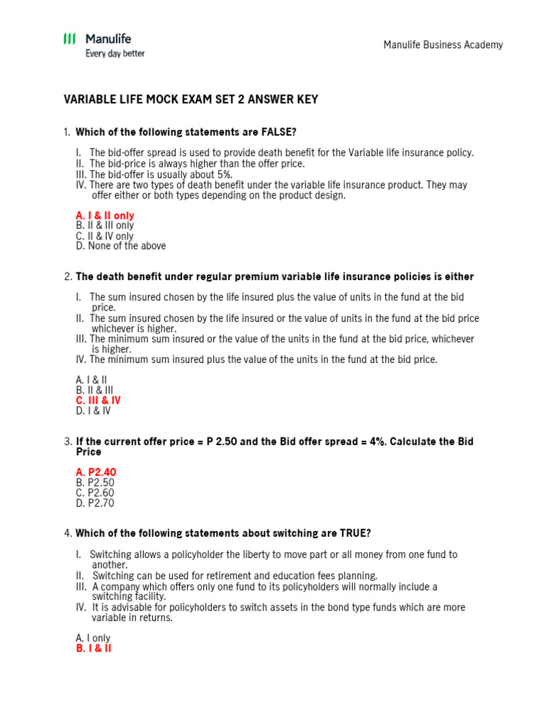 VL Mock Exam Set 2 Answer Key | PDF | Life Insurance | Insurance