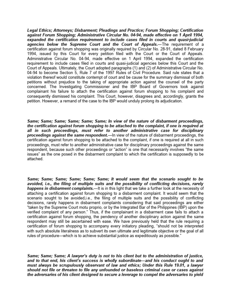 Disbarment Ethics and Forum Shopping Rules | PDF | Complaint | Pleading