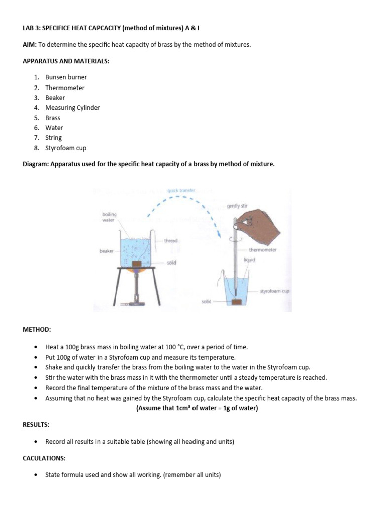 LAB 3 Specific Heat Capacity (Method of Mixture) | PDF | Heat | Temperature
