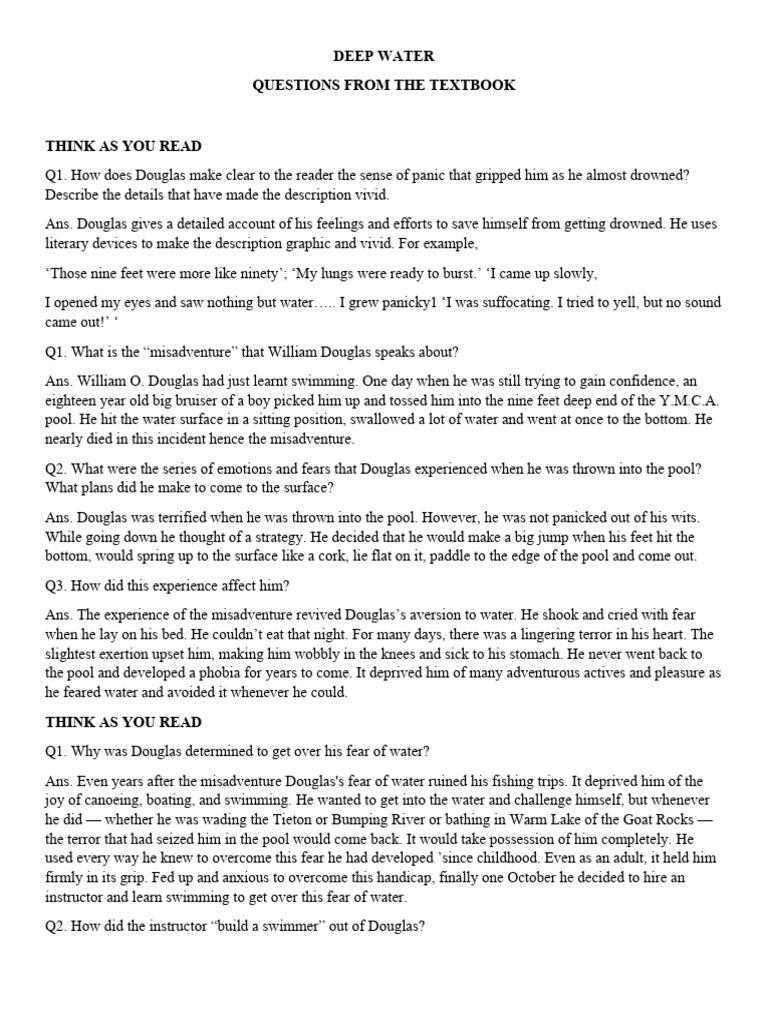 Deep Water Textual Questions With Answers | PDF | Swimming
