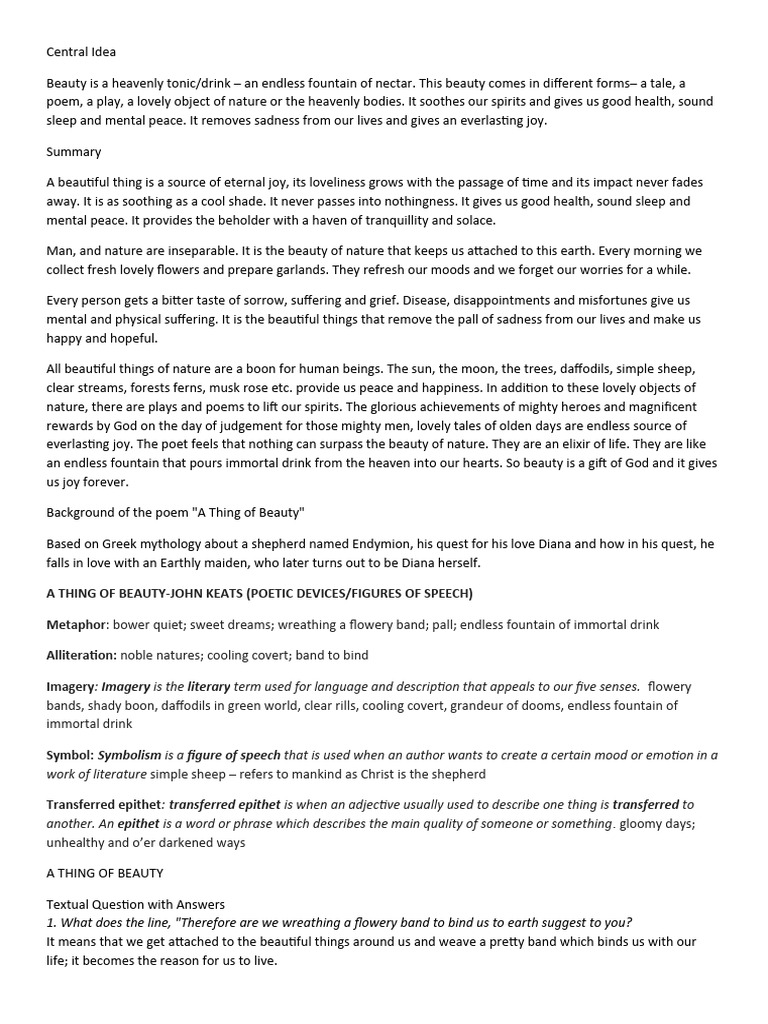 A Thing of Beauty Summary, Explanation, Reference To Context and Additional Questions and ...