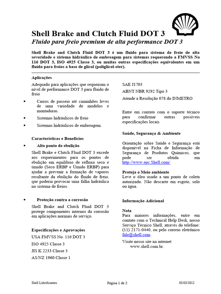 Fluido de Freio Shell DOT 3: Alto Desempenho | PDF | Ciências Físicas