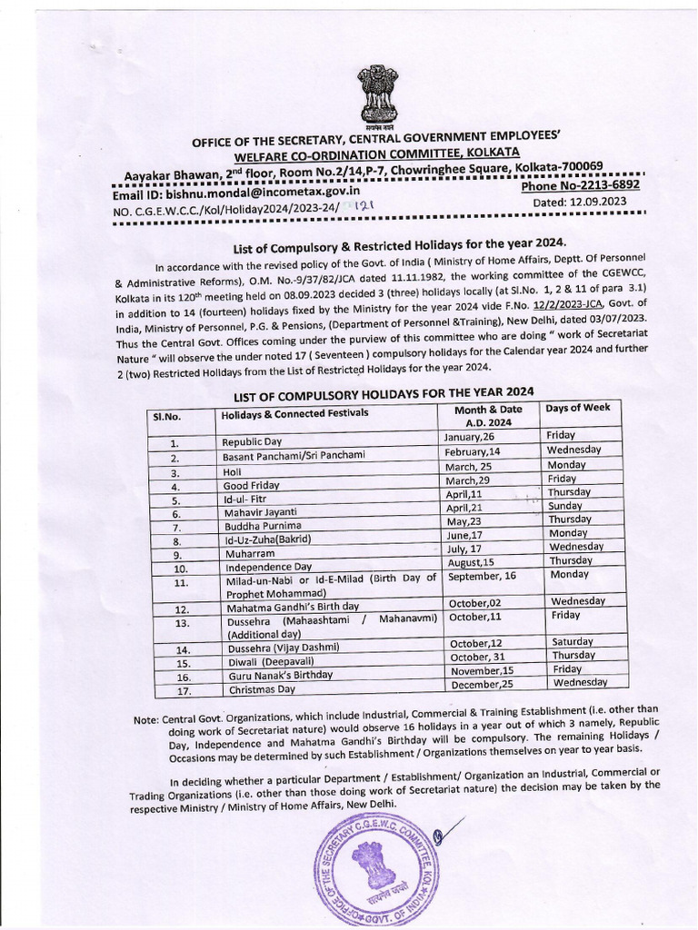 Holiday List 2024 | PDF