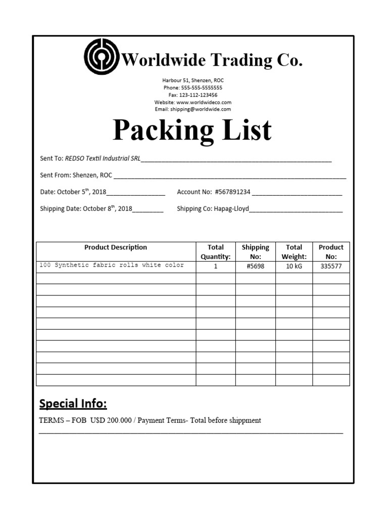 Packing List - Ejemplo | PDF