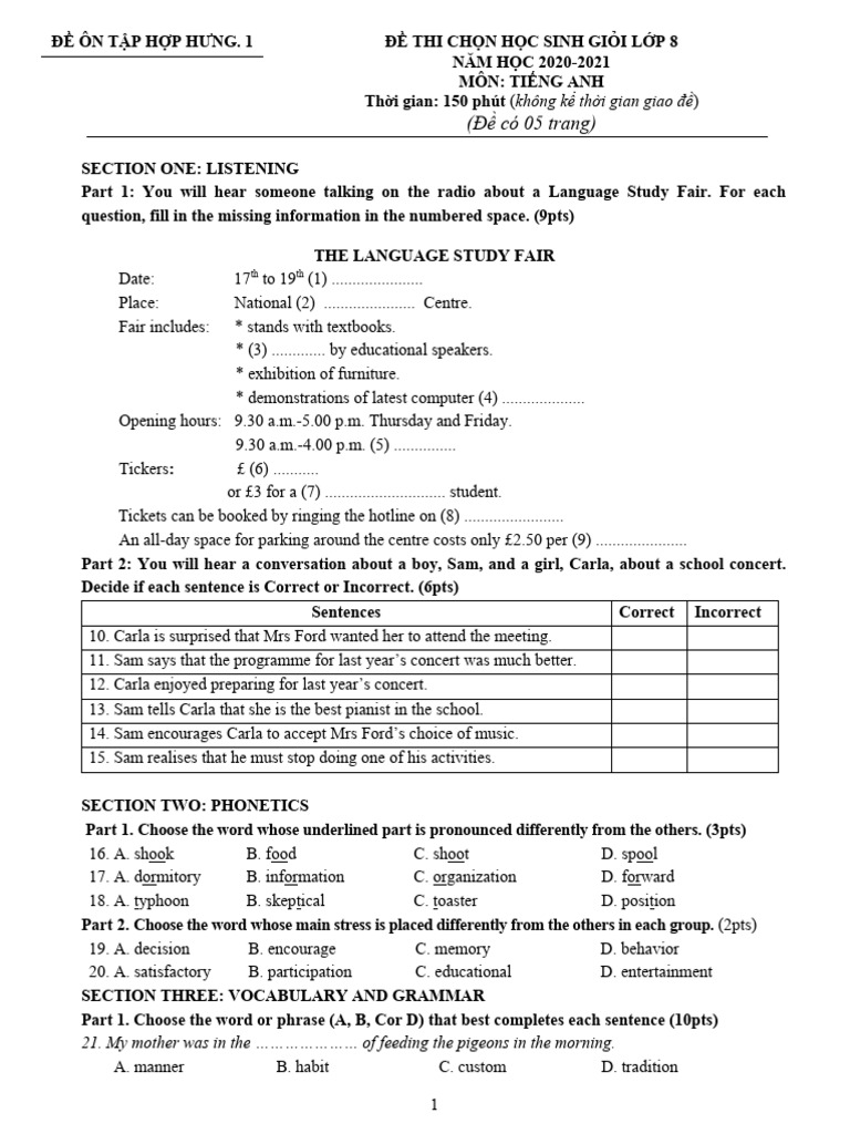 Đề HSG Anh 8- 2020-2021 (Bồ Trạch) | PDF | Oceans | Tropical Cyclones
