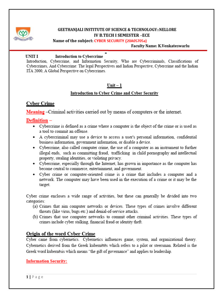 Cyber Security Unit 1 Pdf Information Security Cybercrime
