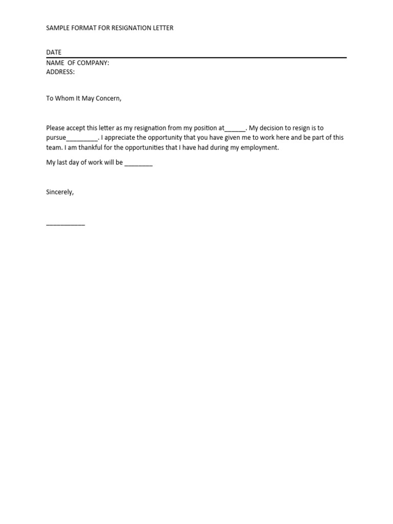 Resignation Letter SAMPLE FORMAT | PDF