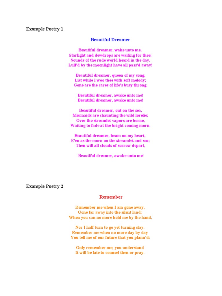 Example Poetry 1: Beautiful Dreamer | PDF | Entertainment (General)
