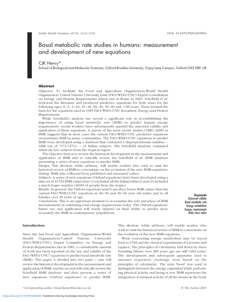 Basal Metabolic Rate Studies in Humans Measurement and Development of ...