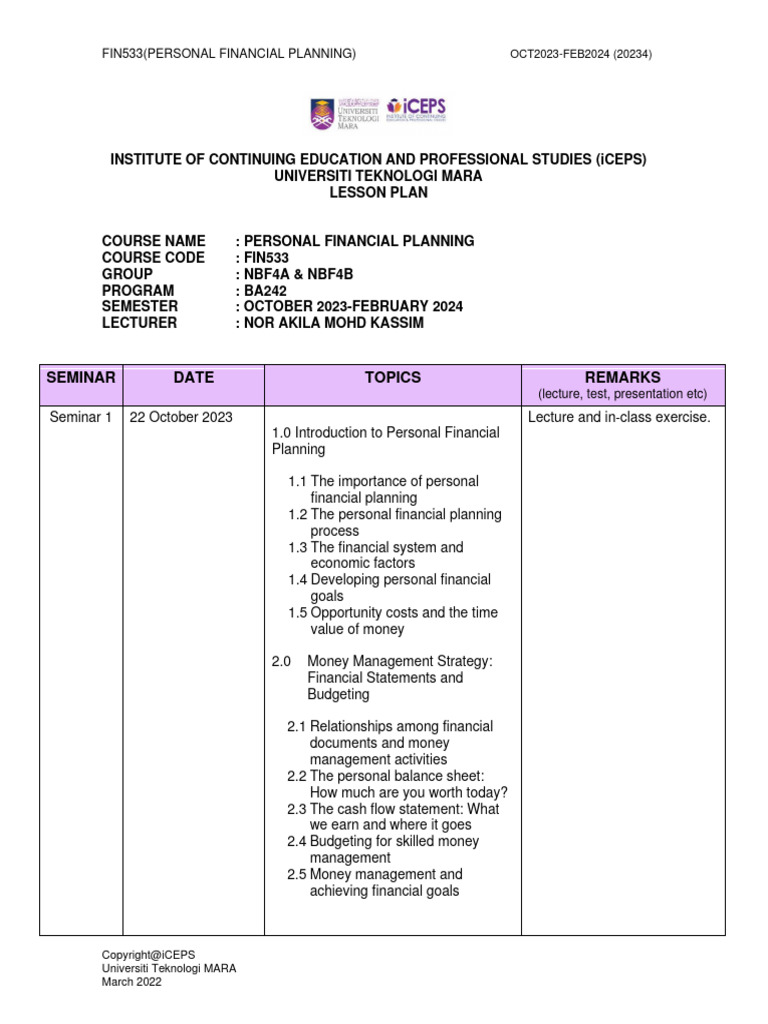 Fin533 Template Lesson Plan For Sem Oct - Feb2024 Iceps | PDF | Taxes | Financial Plan