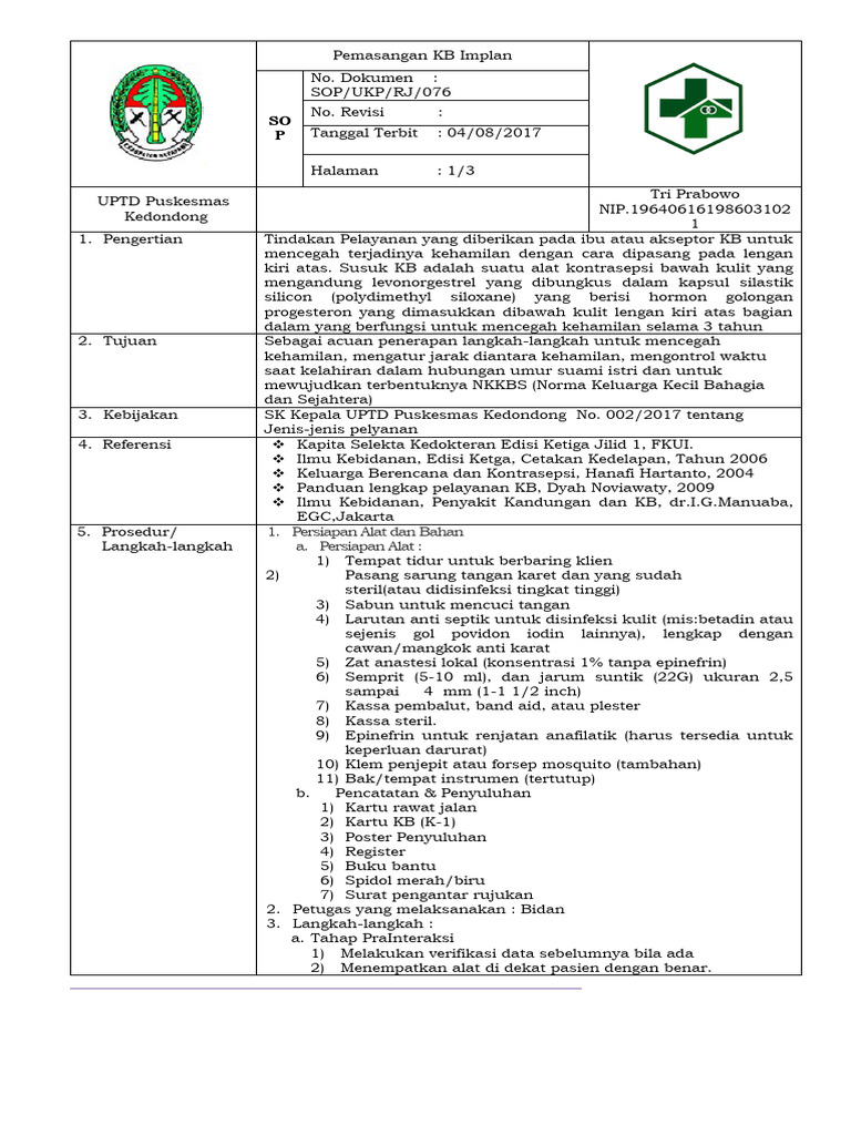 Sop Pemasangan KB Implant | PDF