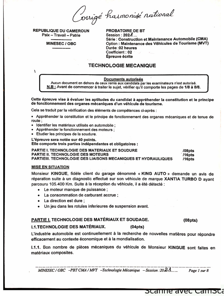 Corrigé Techno Méca PB MVT 2021 - 074841 | PDF