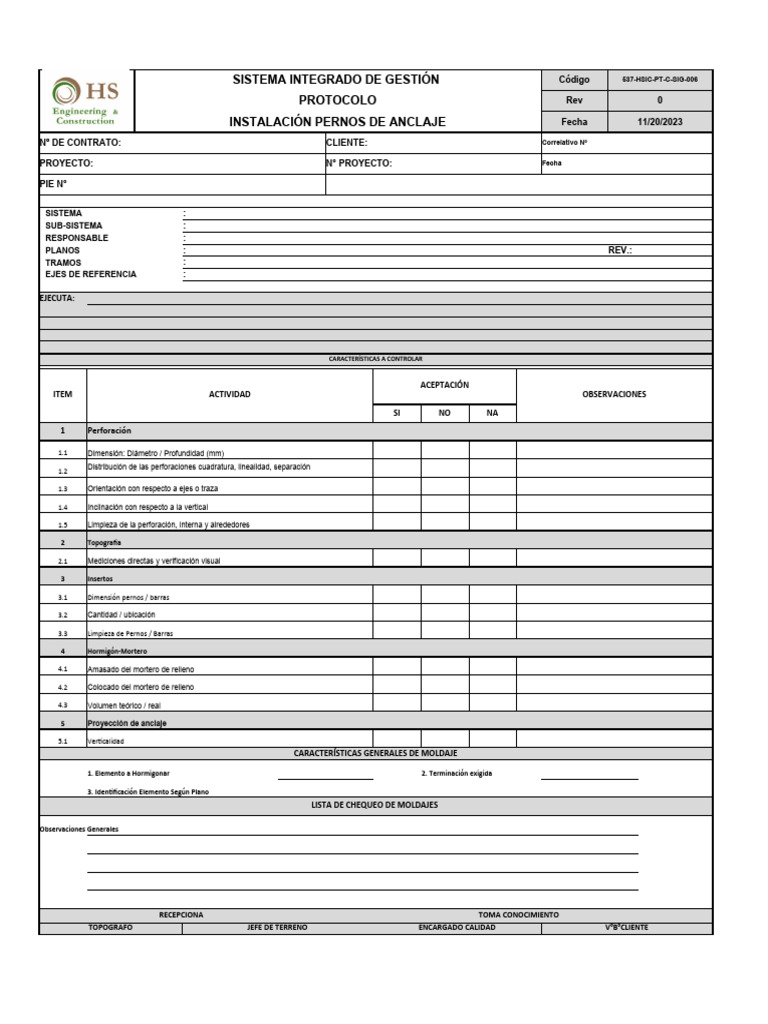 537 Hsic PT C Sig 006 r0 Instalación Pernos de Anclaje | PDF