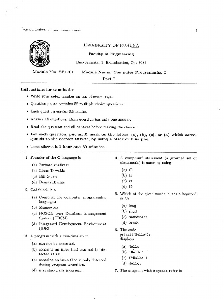Computer Programming - Part - I - (2022 - October) | PDF
