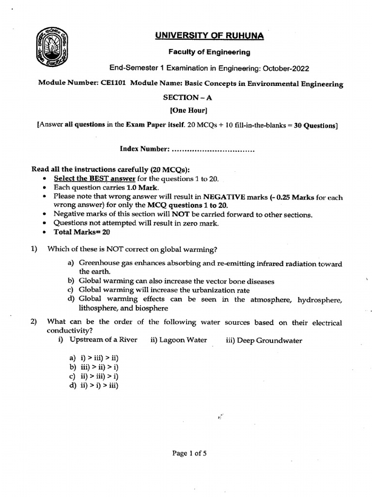 Basic Concept in Environmental Engineering - Section - A (2022 - October) | PDF