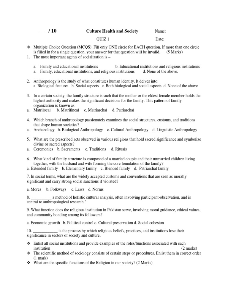 Culture Health and Society QUIZ 1 | PDF | Anthropology | Institution