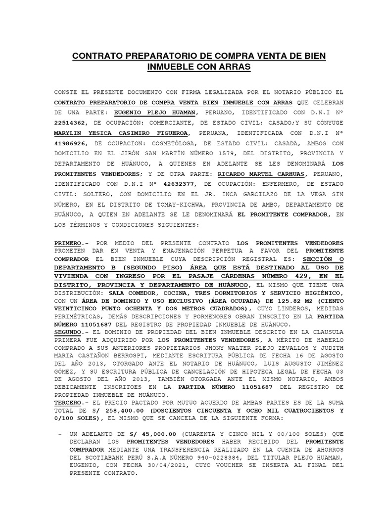 Contrato Preparatorio de Compra Venta de Bien Inmueble Con Arras | PDF | Conceptos legales ...