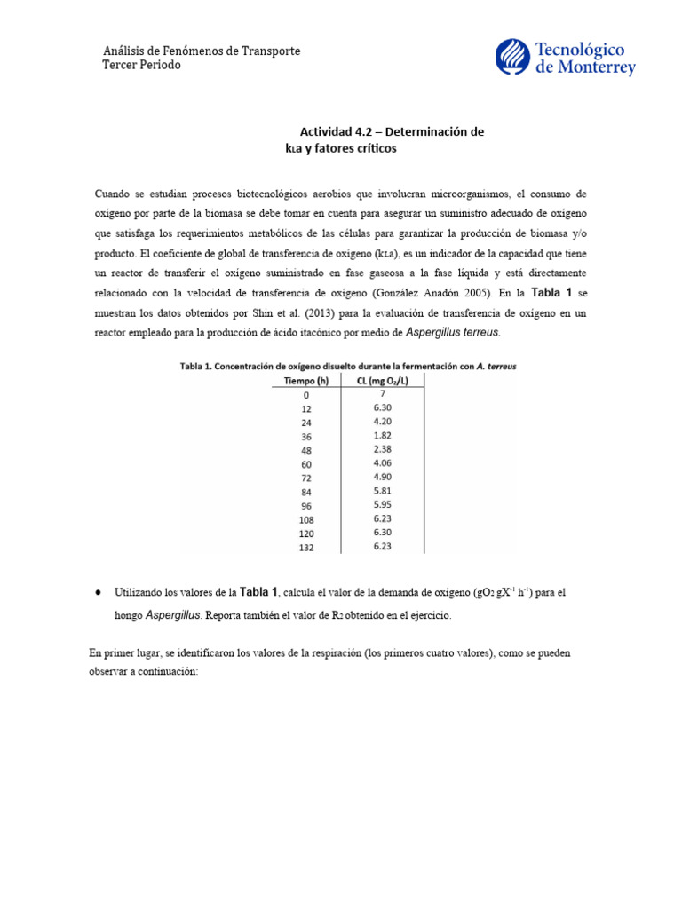 Actividad 4.2 Determinación de Kla | PDF | Oxígeno | Química