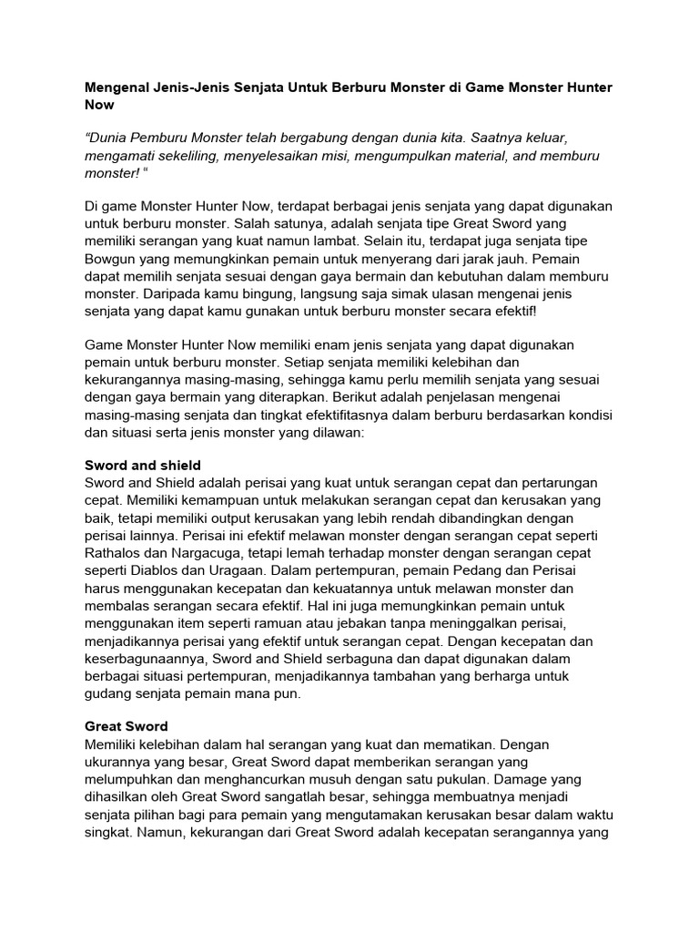 Jenis Senjata di Monster Hunter Now | PDF