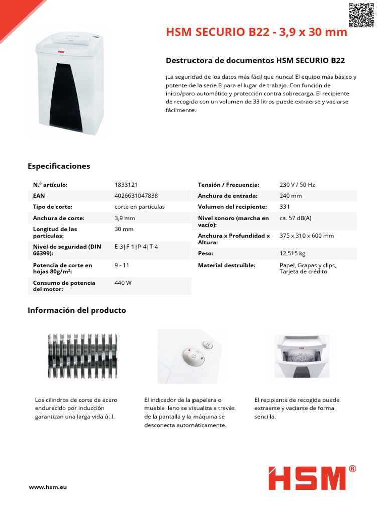 HSM-SECURIO-B22-3,9X30 MM | PDF | Cantidades fisicas | Cantidad