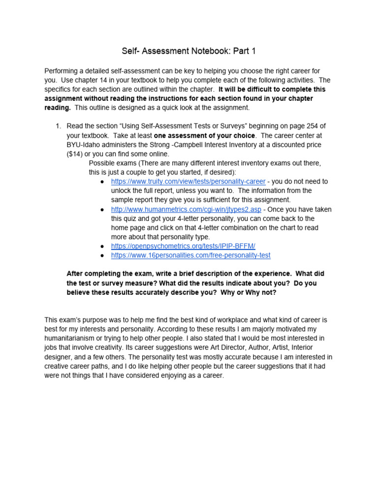 Part 1 Self - Assessment Notebook Carly | PDF | Cognition | Psychology