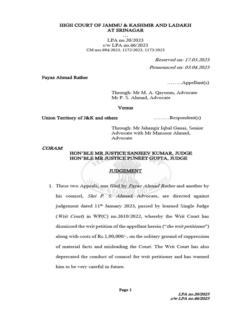 Fayaz Ahmad Rather Vs Union Territory of JK and Ors On 3 Apr 2023 | PDF | Lawsuit | Writ