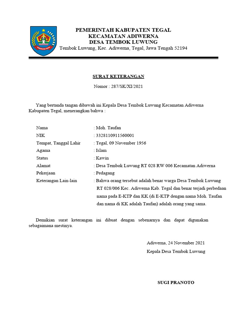 Surat Keterangan Satu Nama | PDF