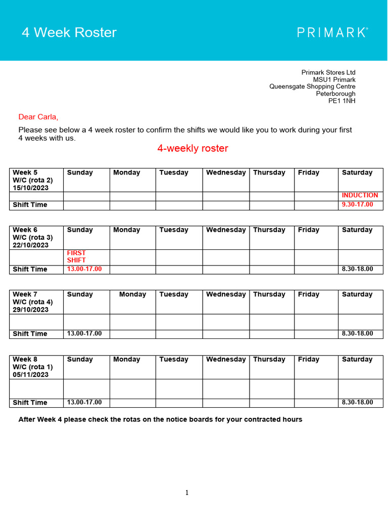 4 Week Roster For Offer Letter | PDF