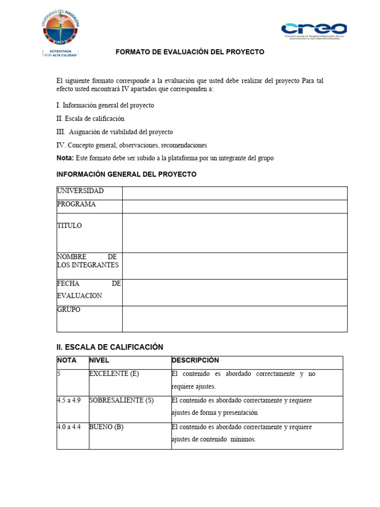 Formato de Evaluación Del Proyect - o | PDF | Evaluación