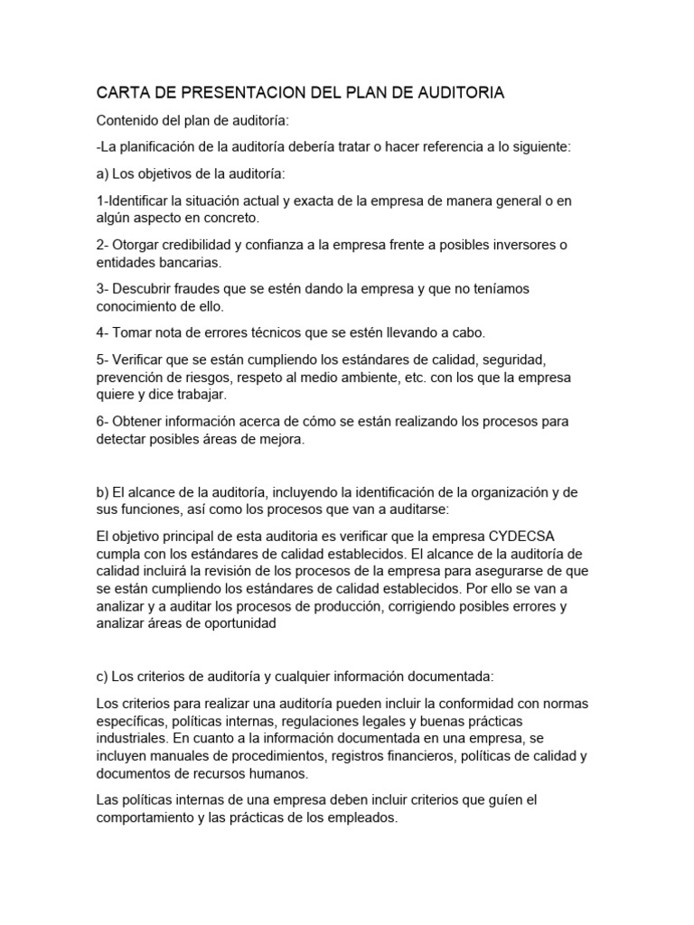 Plan de Auditoría de Calidad CYDECSA | PDF | Auditoría | Seguridad de ...