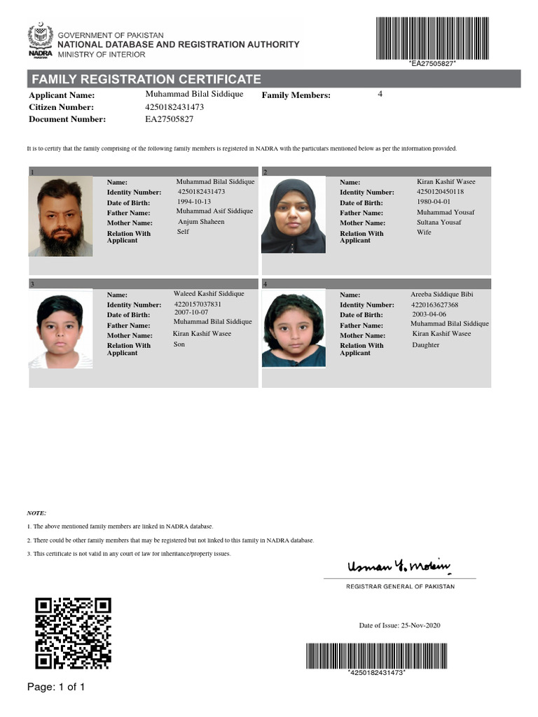 Mr. Muhammad Bilal Siddique Family Certificate | PDF | Legal Documents ...