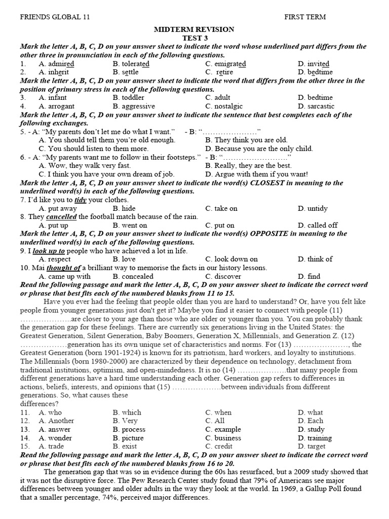 Friends Global 11 Midterm Revision Test | PDF | Sports | Leisure