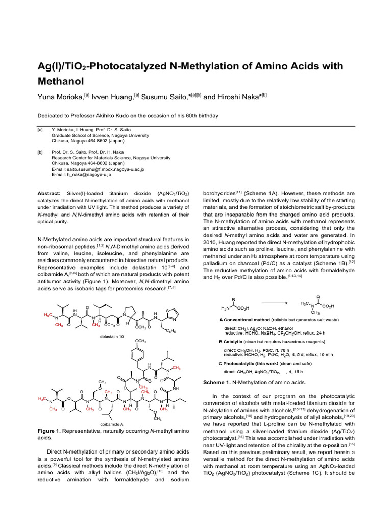 Ag I Ti O2 Photocatalyzed N Methylation of Amino Acids With Methanol ...
