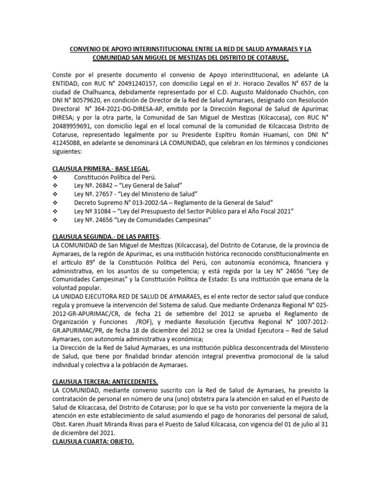Convenio De Apoyo Interinstitucional Entre La Red De Salud Aymaraes Y