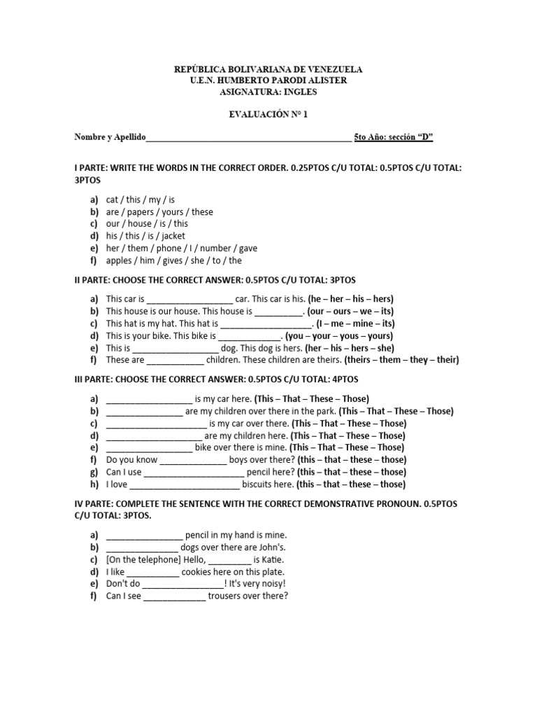 1era Evaluacion Pronouns | PDF | Linguistics | Linguistic Morphology