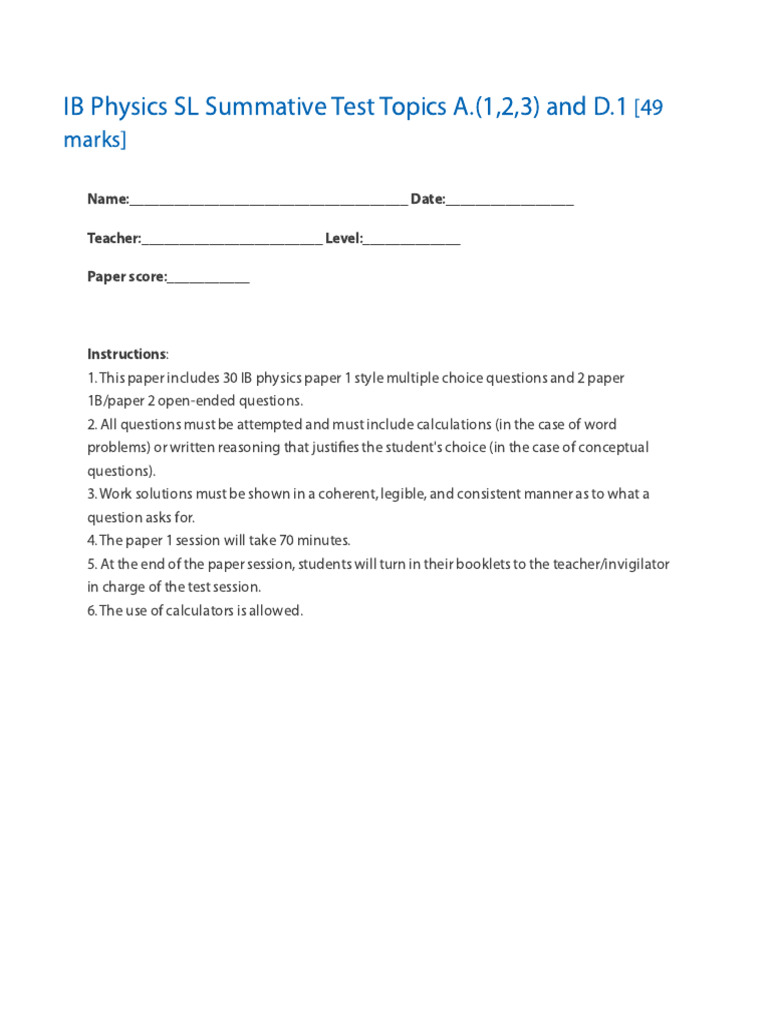 MS IB Physics SL Summative Test Topics A. (1,2,3) and D.1 | PDF | Force ...