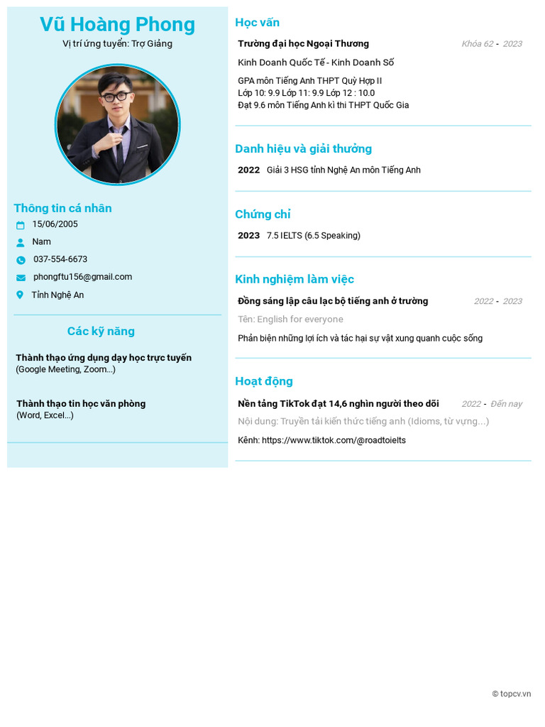CV Vũ Hoàng Phong (Trợ Giảng) | PDF