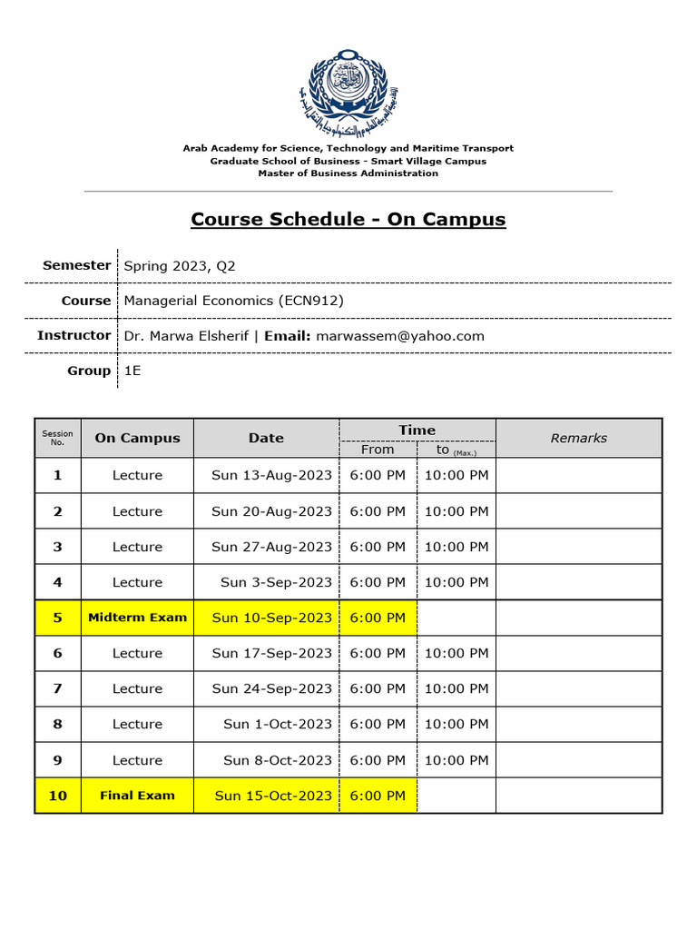 1E Course Schedule - On Campus - Managerial Economics | PDF