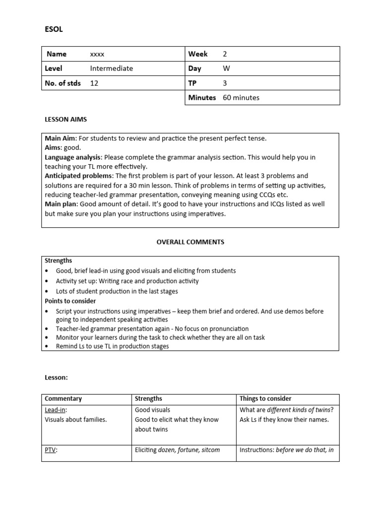 Teaching Practice Observation Feedback Template | PDF | English As A ...