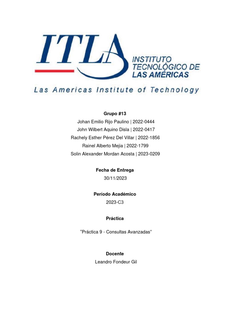 Práctica 9 - Consultas Avanzadas - Grupo #13 | PDF | SQL | Pl / Sql